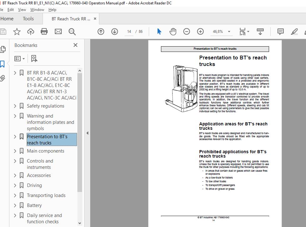 BT Reach Truck RR B1_E1_N1(C) AC,ACi, 179960-040 Operators Manual
