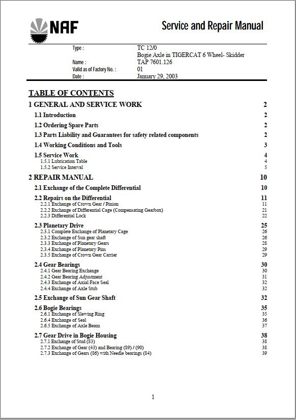 Tigercat NAF Bogie Axle Service & Repair Manual_21287A