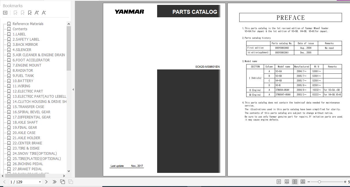 Yanmar V3-5A V3-5B V4-5B V5-B Wheel Loader Parts Catalog 0CK20-M39601EN