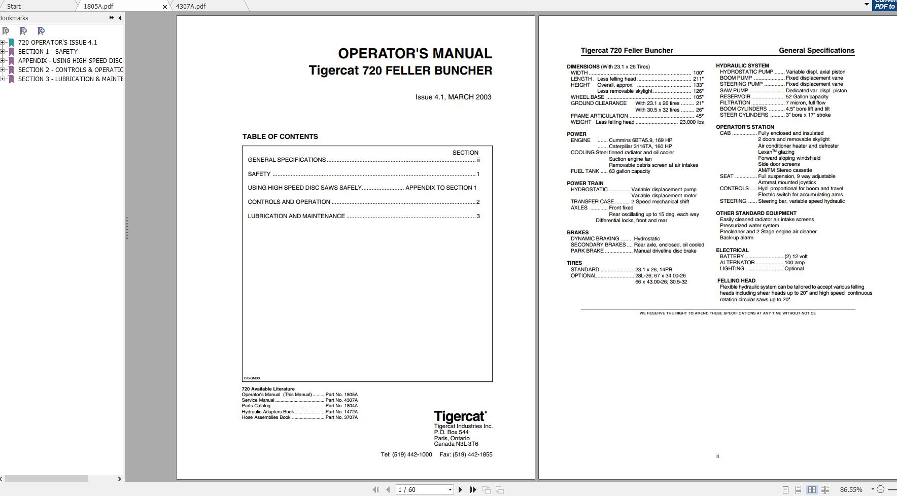 Tigercat Feller Buncher 720 7200101 - 7201660 Operator Service Manual