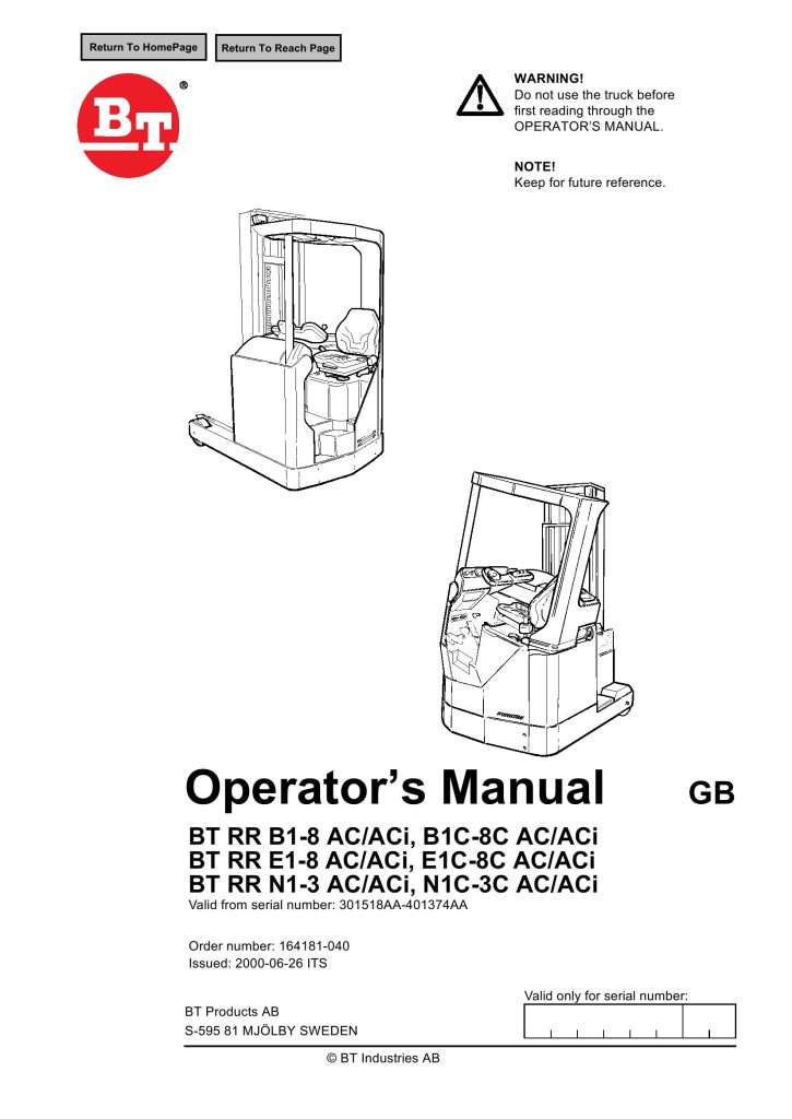 BT Forklift RR B1 - N1, B1C - N1C AC ACi Operator Manual PDF