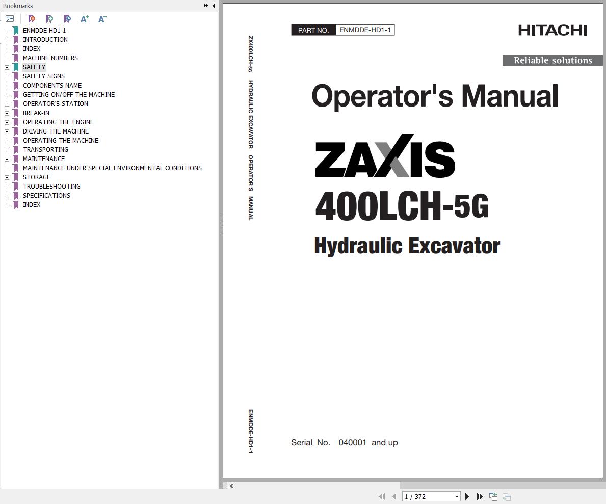 Hitachi ZX400LCH-5G Excavator Operators Manual ENMDDE-HD1-1 PDF