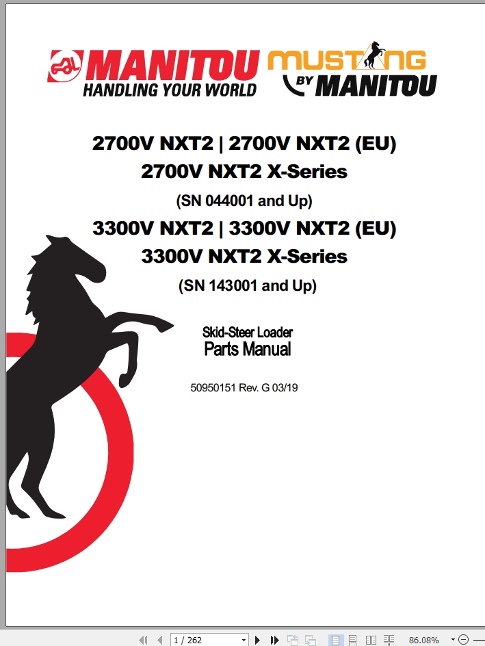 Mustang 2700V NXT2 3300V NXT2 Loader Parts Manual 50950151G PDF