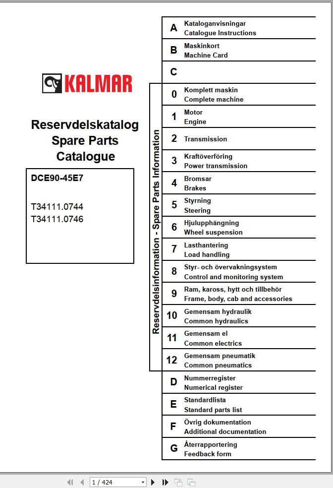 Kalmar DCE90-45E7 Forklift Spare Parts Catalogue EN SV PDF