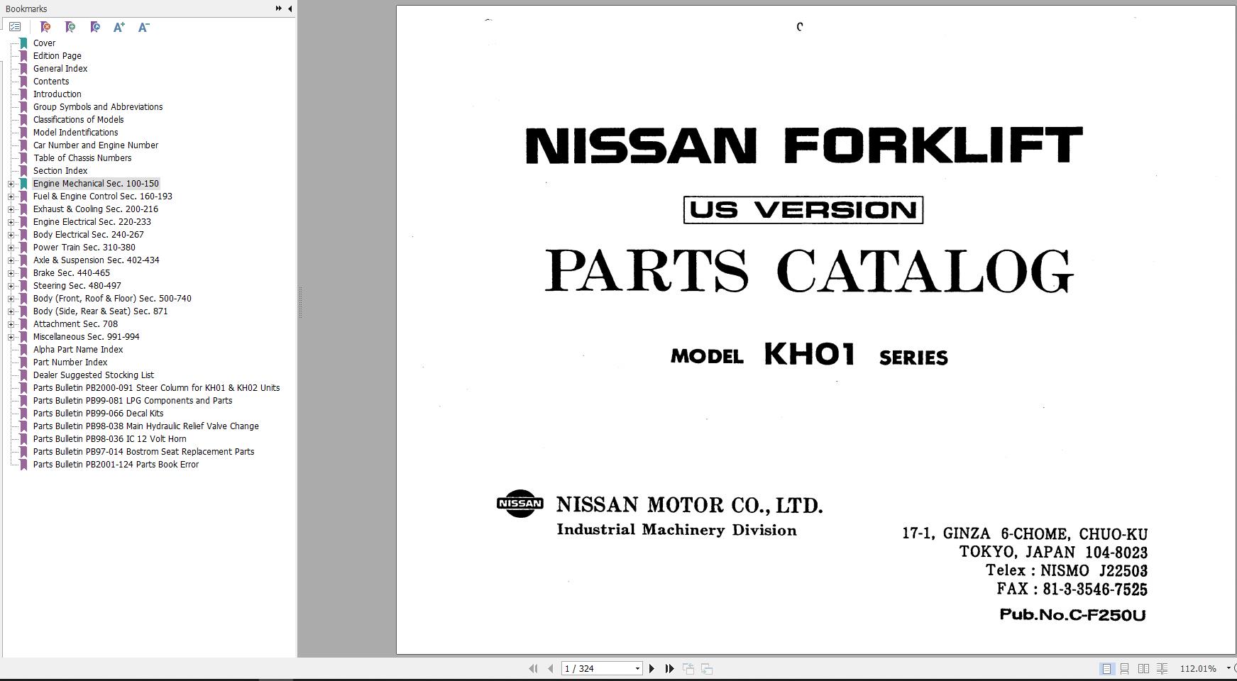 Nissan KH01 Series Forklift Parts Catalog CF250-UBOOK PDF