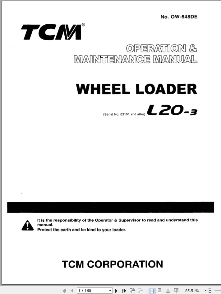 TCM L20-3 Wheel Loader Operation Maintenance Manual OW-648DE PDF