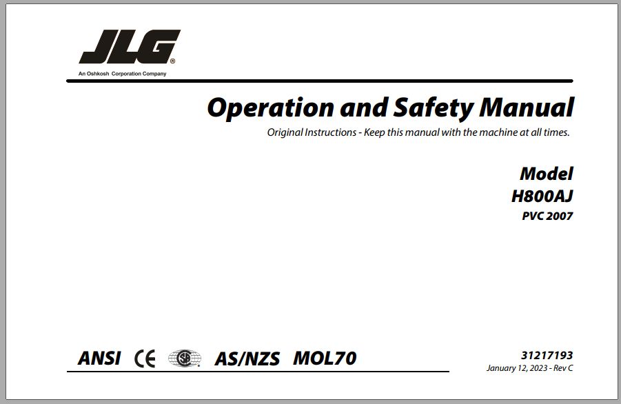 JLG H800AJ Operation Safety Manual 31217193 2023 PVC 2007 PDF