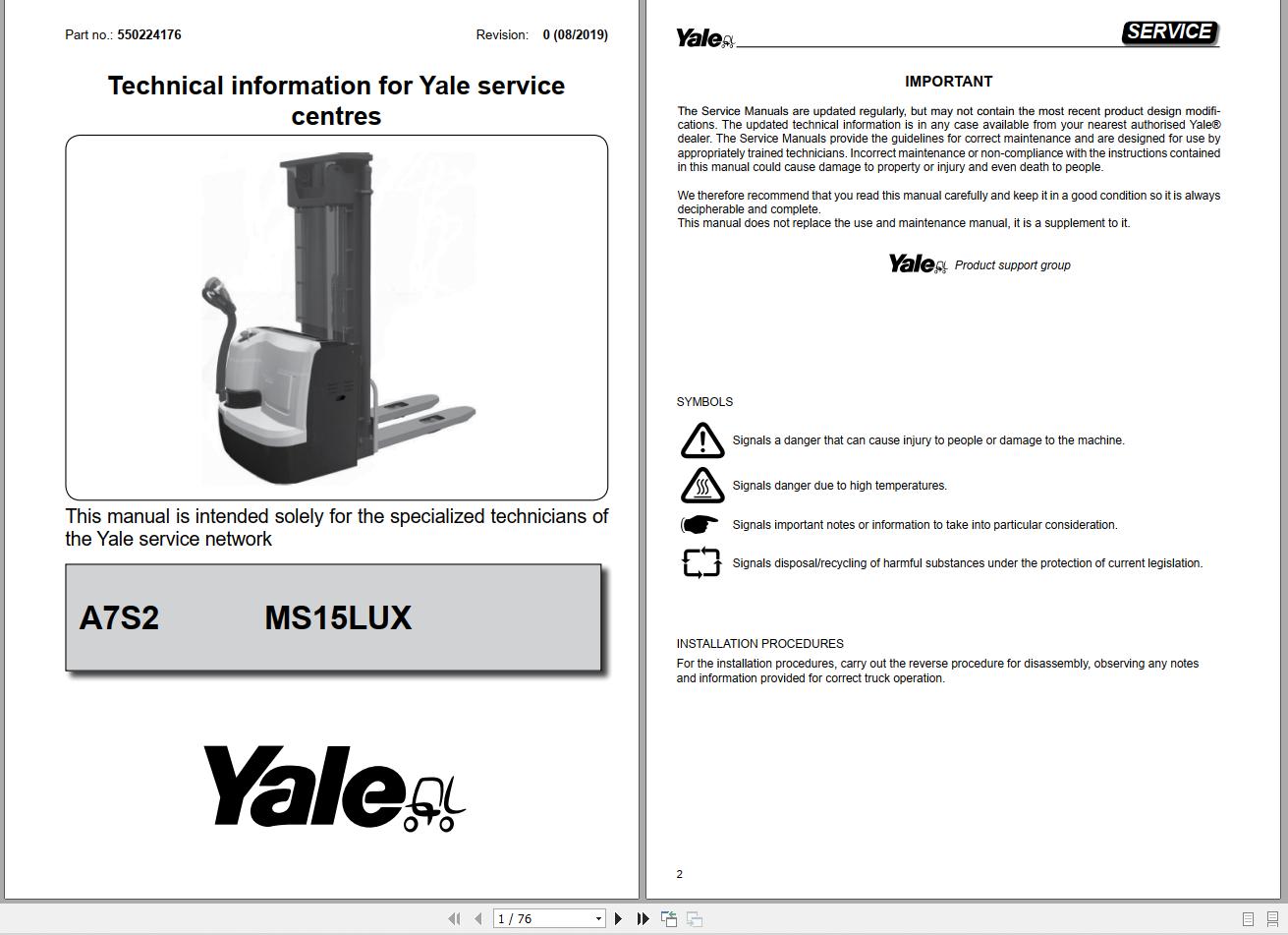 Yale A7S2 (MS15LUX) Operation Service Manual PDF