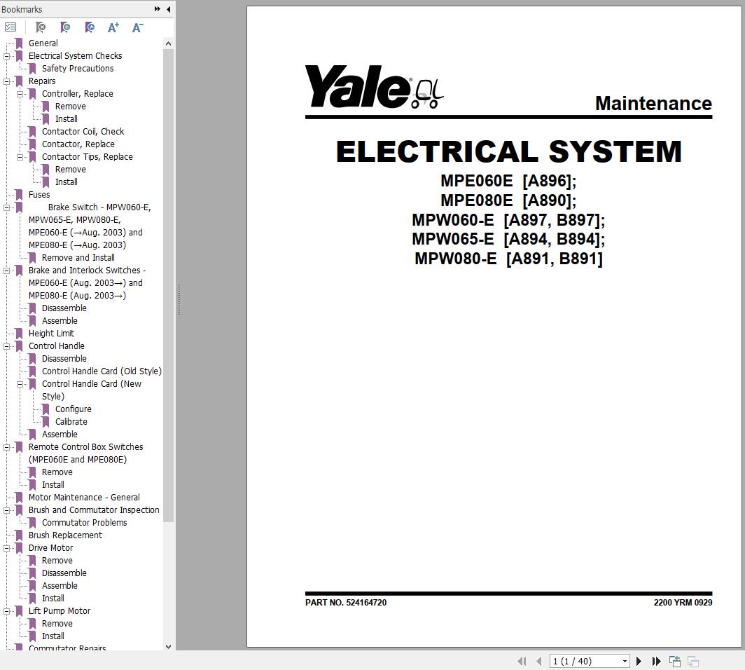 Yale B865 MO10 AC-MO10S AC-MO10S WP AC Parts Catalog 524238084 PDF
