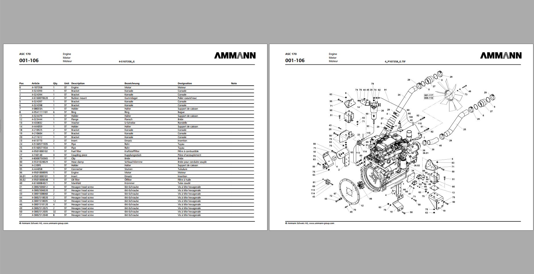 Ammann ASC 170 Cummins Tier 3 Roller Parts Catalog 4-P07277CU-ML PDF