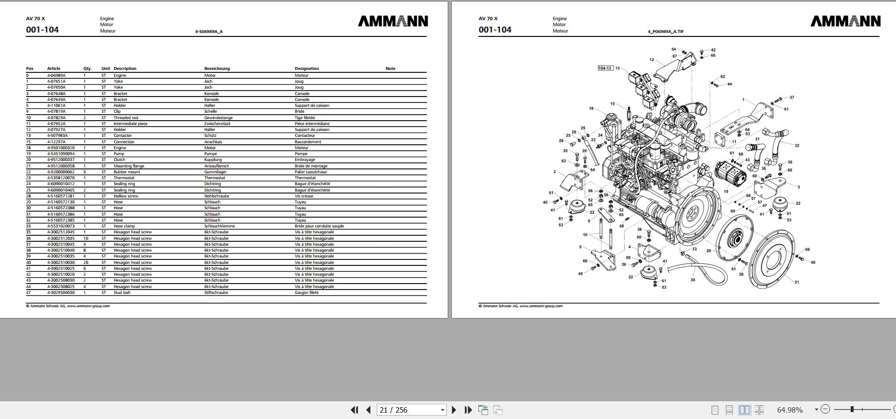 Ammann AV70X Cummins Tier 3 4062014 Parts Catalog 4-P07406CU-ML 11.2011 PDF