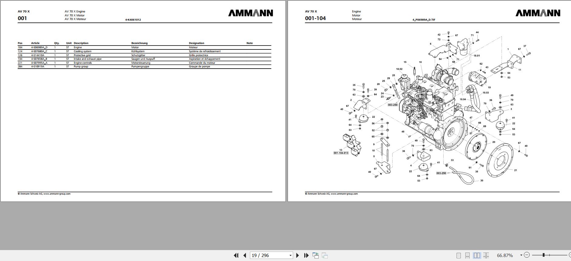 Ammann AV70X Cummins Tier 3 Parts Catalog 4-P07406CU-ML 01.2014 PDF
