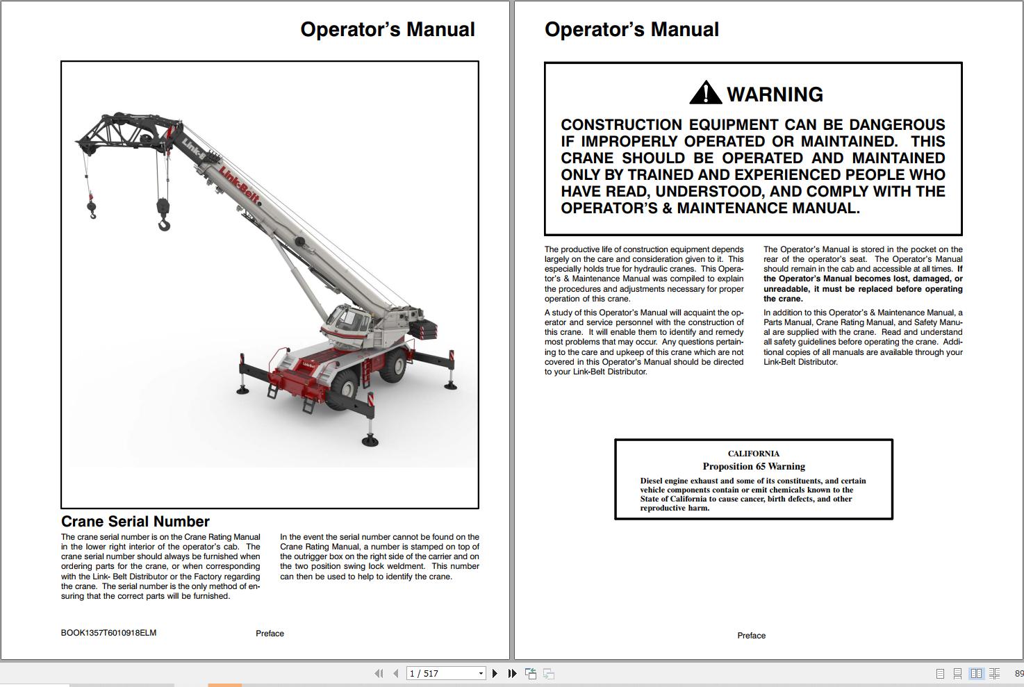 Link Belt 110RTXP Crane Operation Manual PDF