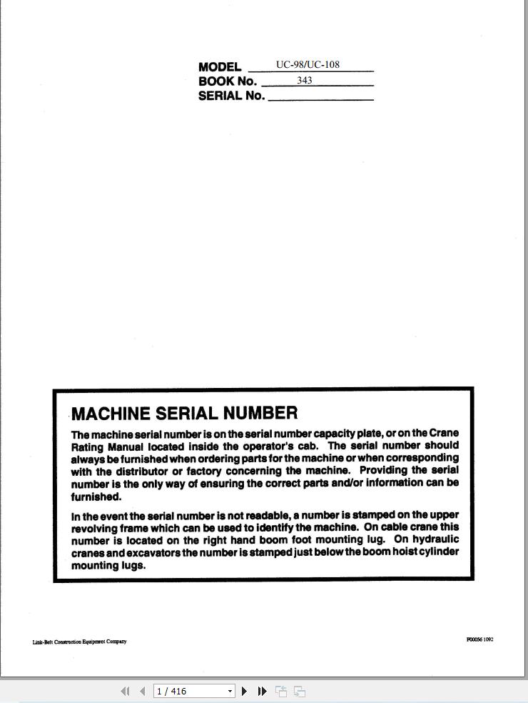 Link Belt UC-108B Crane Service Manual PDF