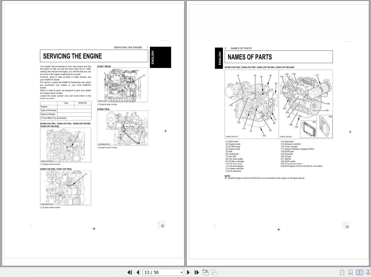 Kubota D1803-CR-TIE4 to V3800-TIE4 Engine Operation Manual 1J778-8916-2 PDF