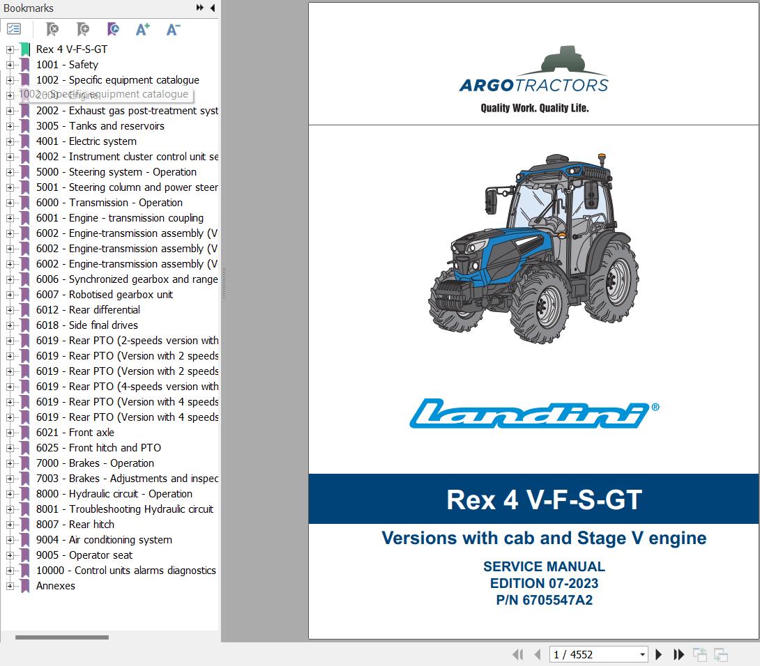 Landini REX 4-080 to 4-120 V-F-S-GT Service Manual and Diagrams 6705547A2 PDF