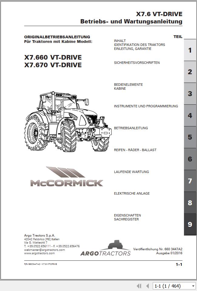 Landini X7.660 X7.670 VT-DRIVE Operator Maintenance Manual 6603453A2 DE PDF