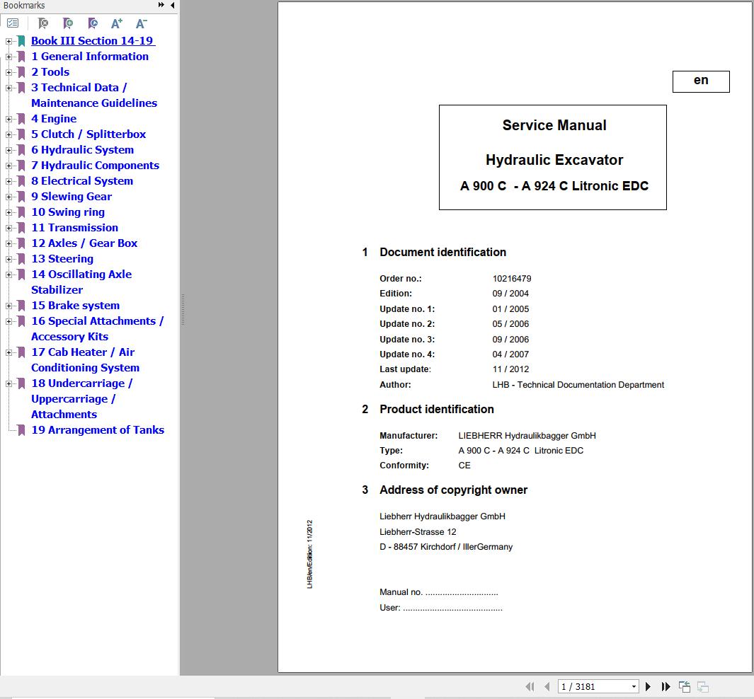 Liebherr A900C to A924C Litronic EDC Excavator Service Manual 10216479 PDF