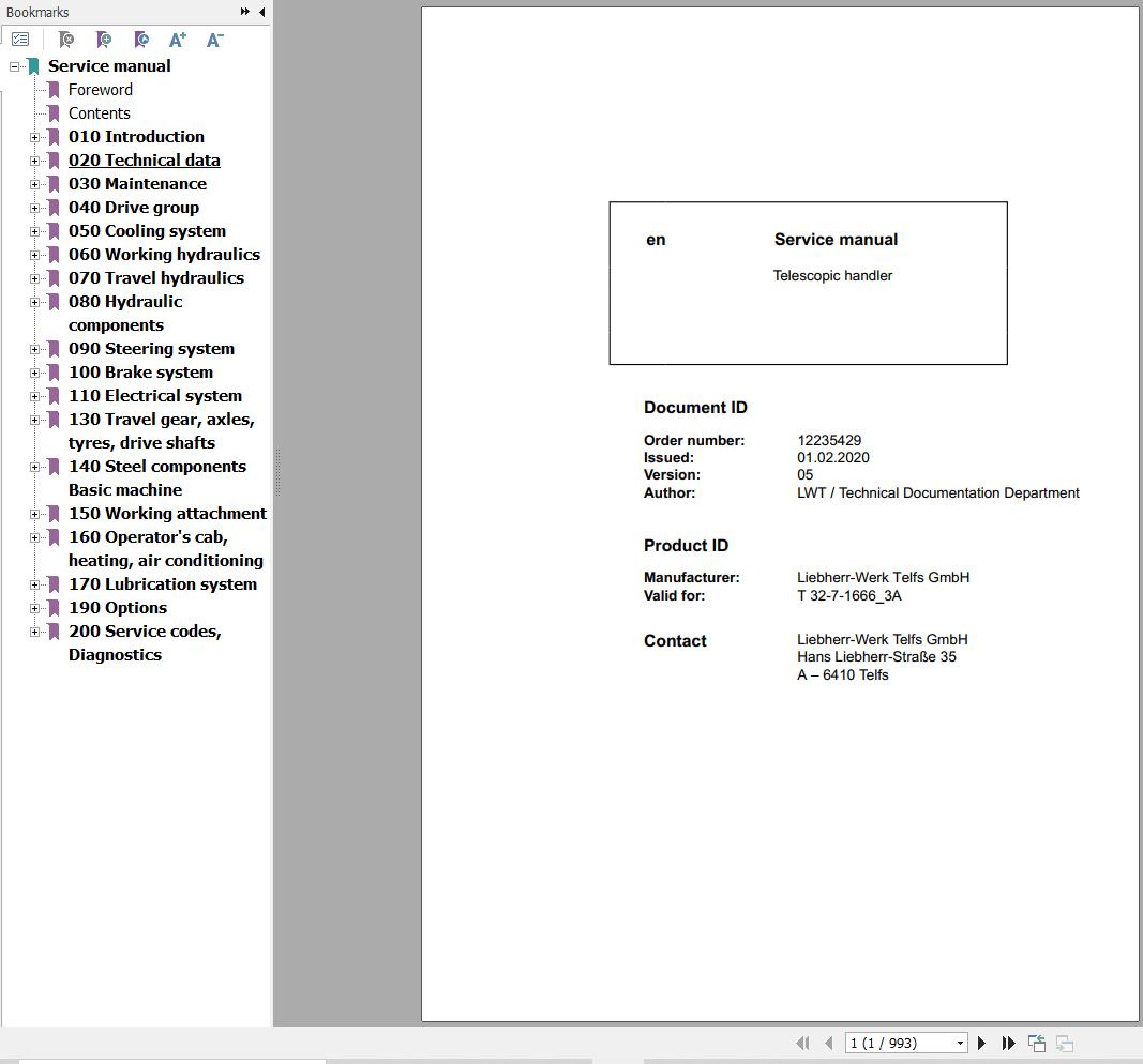 Liebherr T32-7-1666_3A Telescopic Handler Service Manual 12235429 2020 PDF