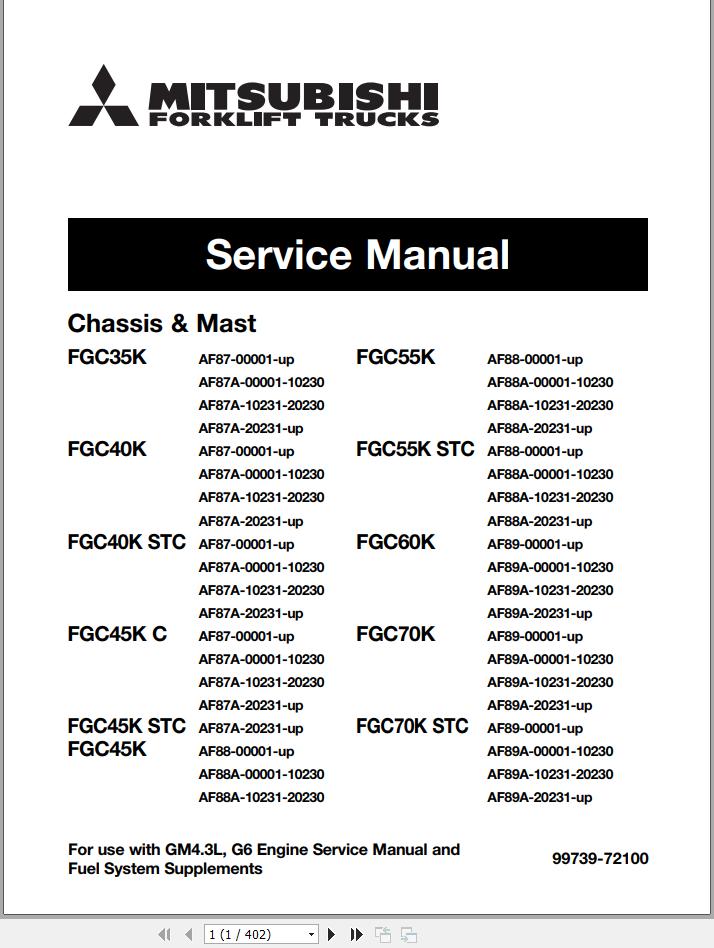 Mitsubishi FGC45K STC Forklift Service Operation Manual 12.2022 PDF
