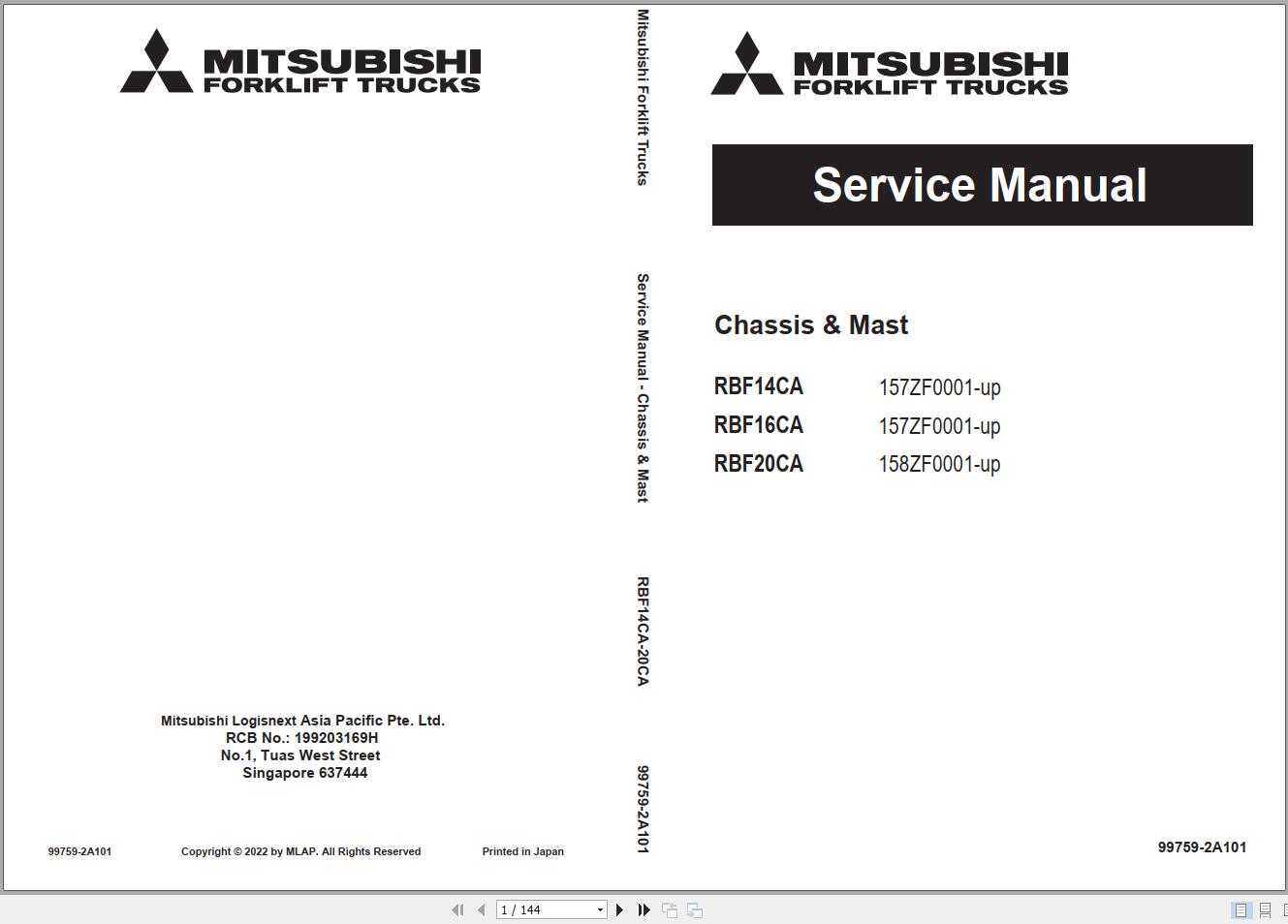 Mitsubishi RBF14CA-RBF20CA Forklift Service Operation Manual PDF