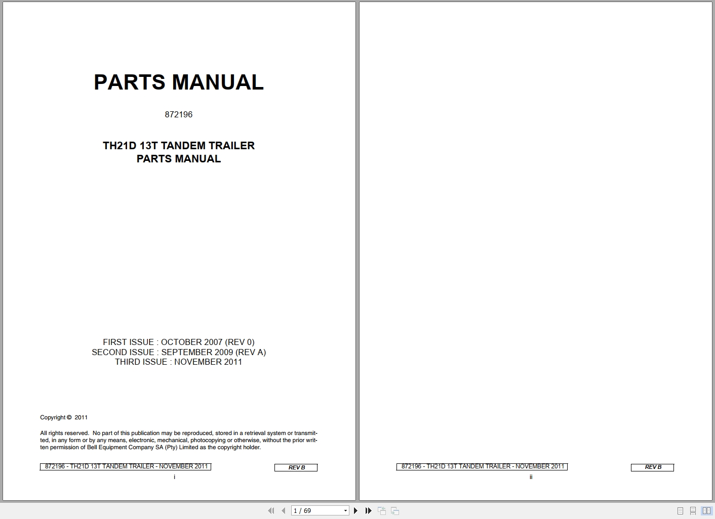 Bell TH21D 13T Tandem Trailer Parts Manual 872196 PDF