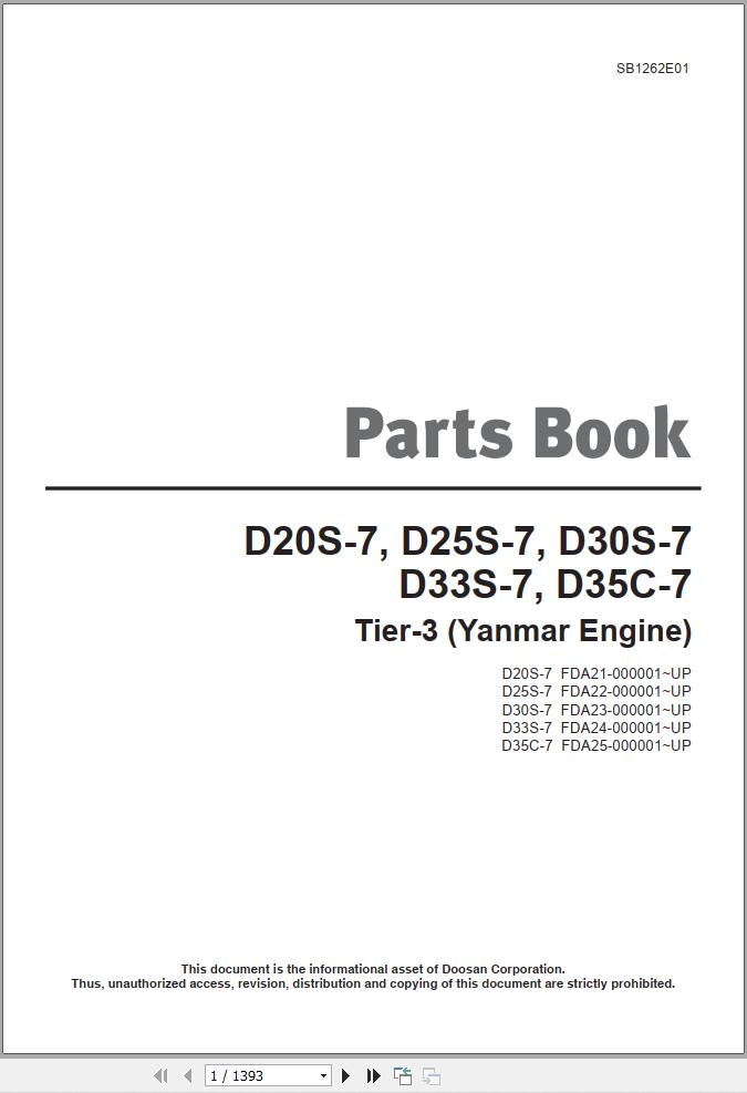 Doosan D20S-7 to D35C-7 Yanmar Tier-3 Forklift Parts Manual PDF