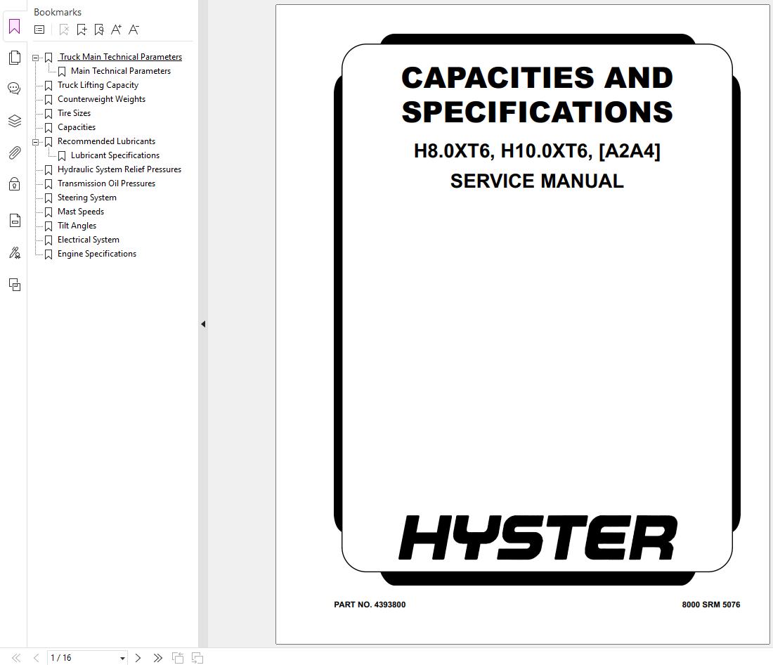 Hyster H8.0-10.0XT6 A2A4 Forklift Service Manual 2024 PDF