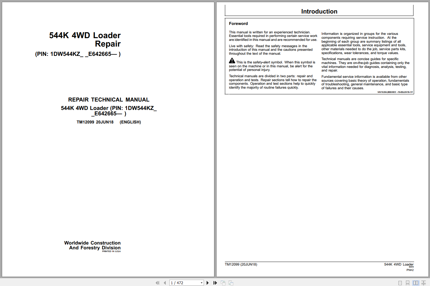 John Deere 544K 4WD Loader Repair Technical Manual TM12099 2018 PDF