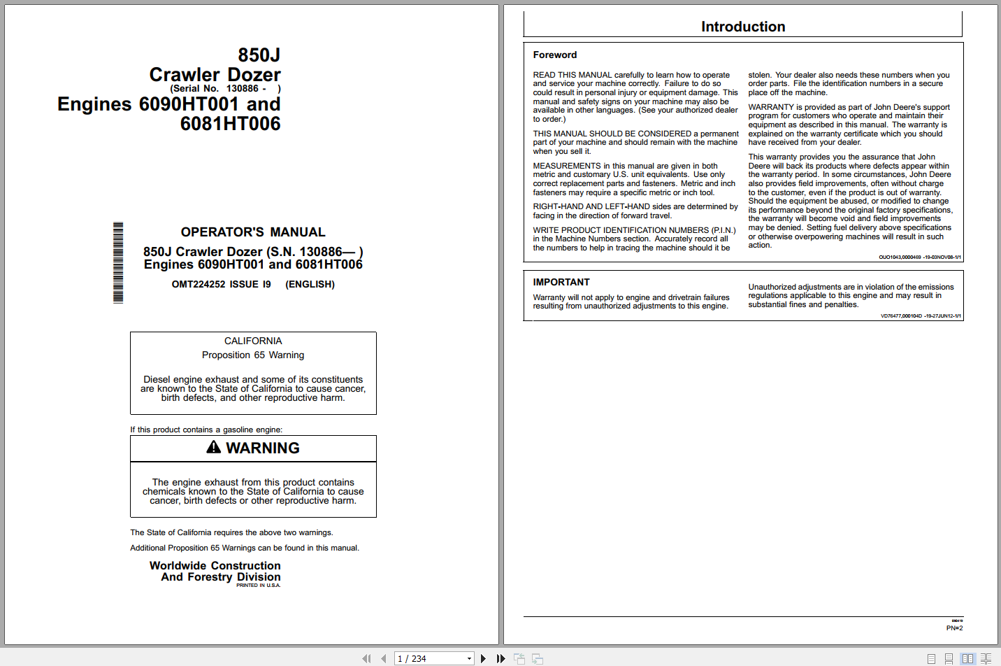 John Deere 850J Crawler Dozer Operation Manual OMT224252 PDF
