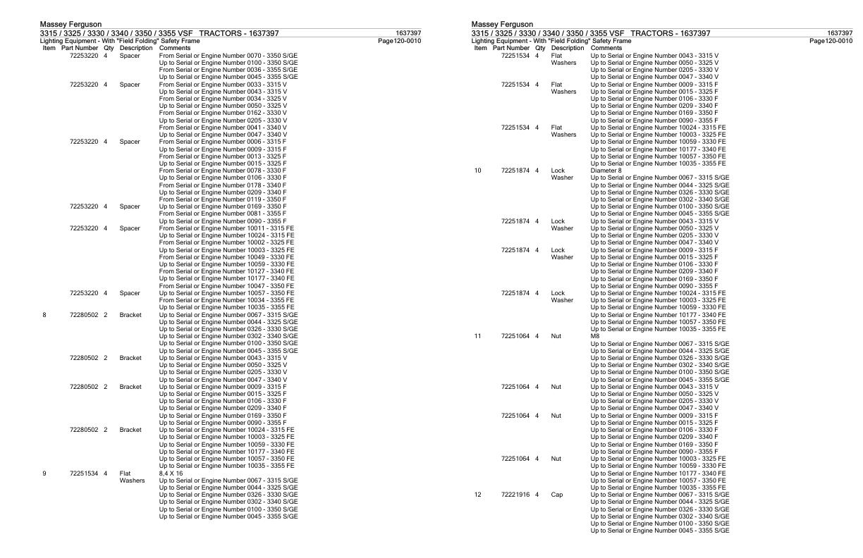 Massey Ferguson 3315 to 3355 VSF Tractor Parts Manual 1637397 PDF