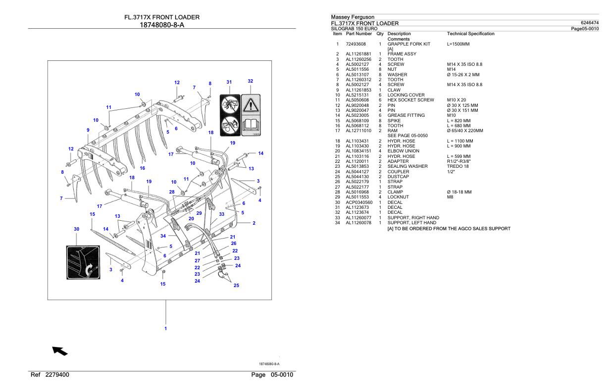 Massey Ferguson FL.3717X Front Loader Parts Manual 6246474 PDF