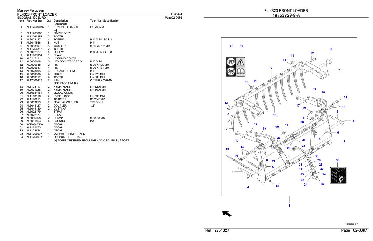 Massey Ferguson FL.4323 Front Loader Parts Manual 6246424 PDF