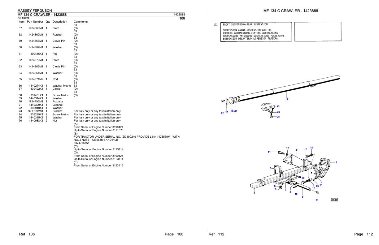 Massey Ferguson MF 134 C Crawler Parts Manual 1423888 PDF