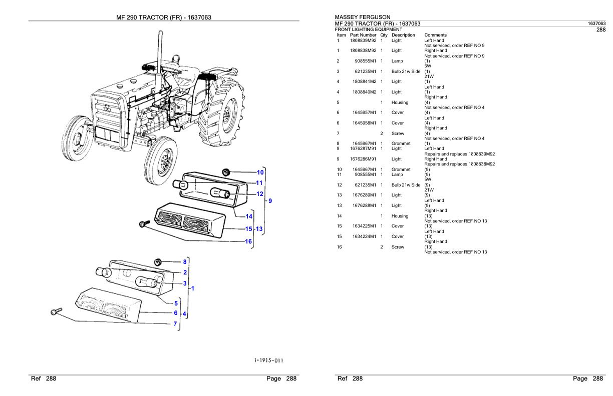 Massey Ferguson MF 290 Tractor Parts Manual 1637063 PDF
