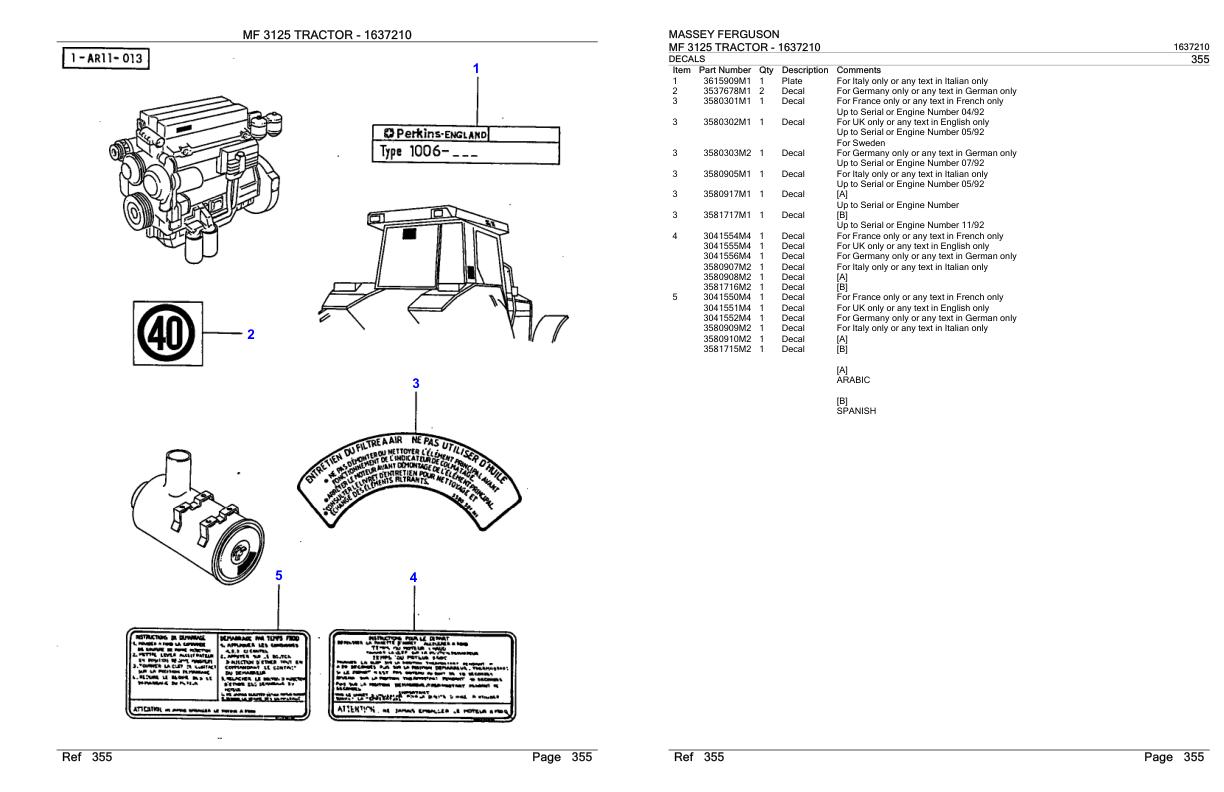 Massey Ferguson MF 3125 Tractor Parts Manual 1637210 PDF