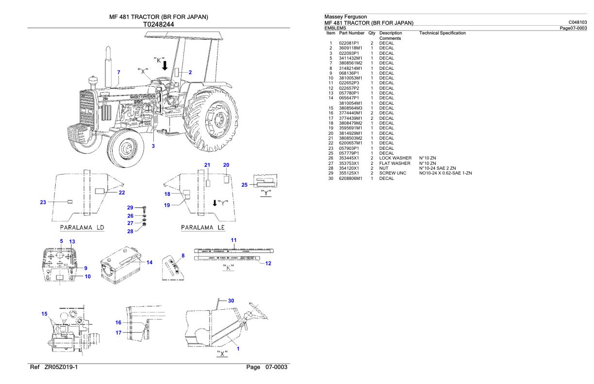 Massey Ferguson MF 481 Tractor Parts Manual C048103 PDF