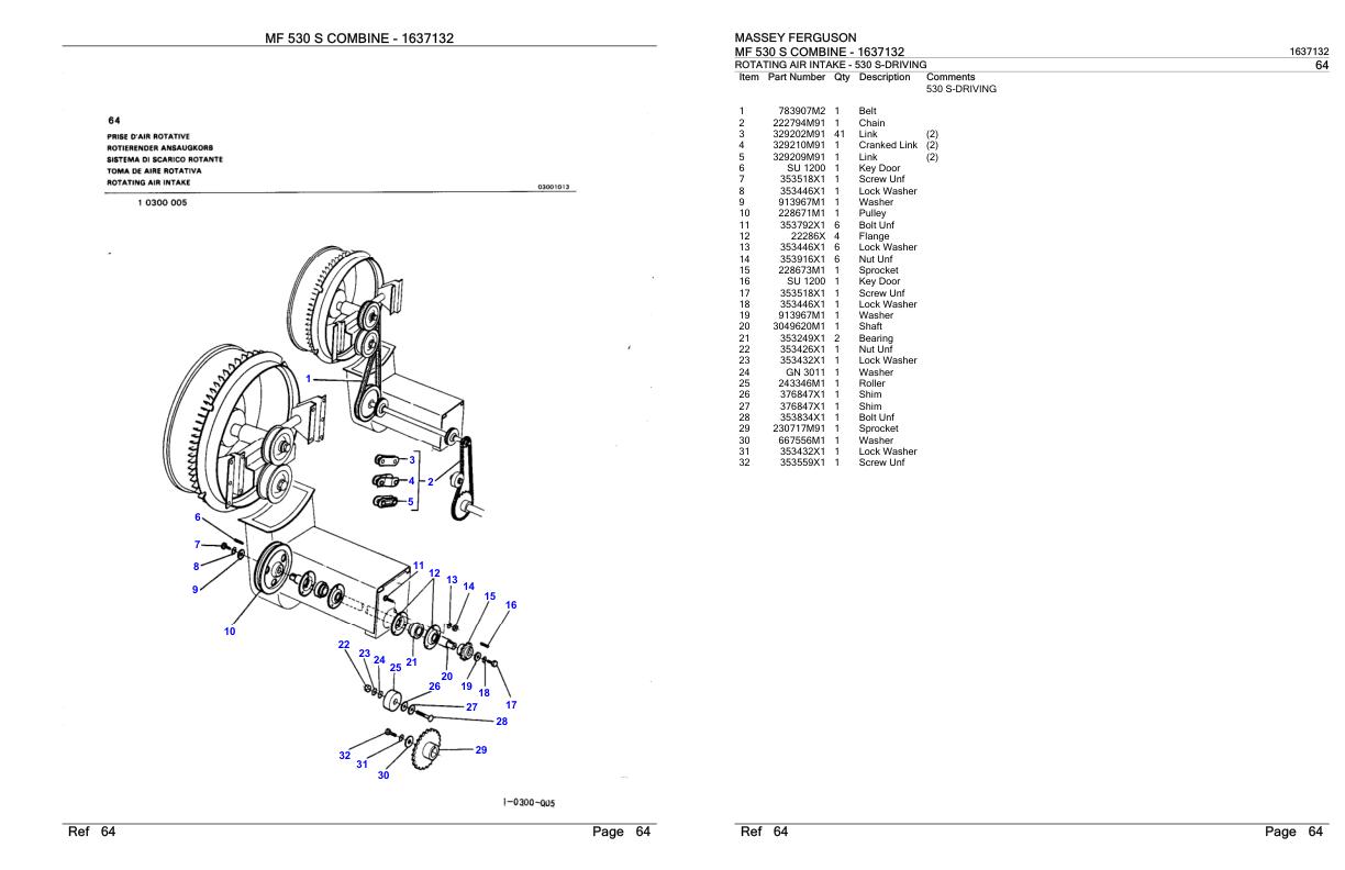 Massey Ferguson MF 530 S Combine Parts Manual 1637132 PDF