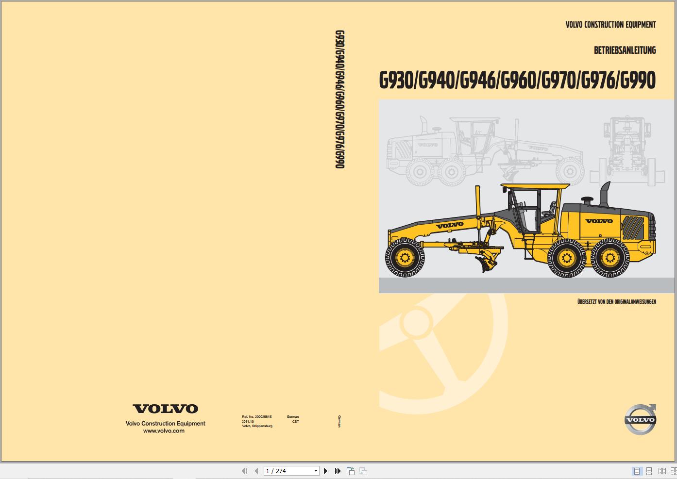 Volvo G930 to G990 Motor Grader Operation Manual 20002581E DE PDF