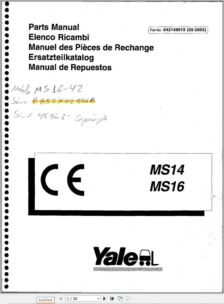 Yale MS14 MS16 Forklift Diagrams and Parts Manual 542148915 PDF