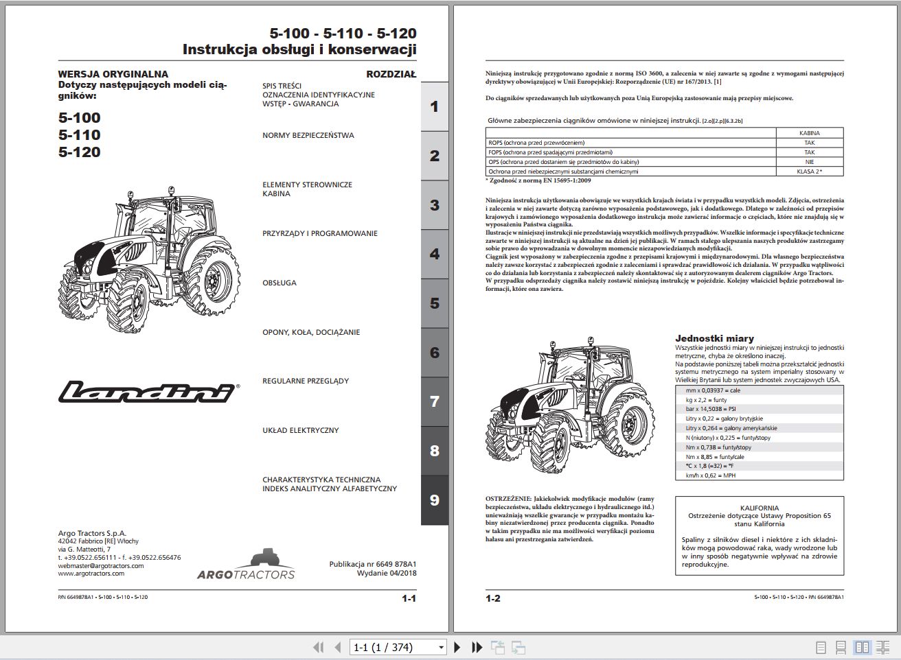 Landini 5-100 5-110 5-120 Operation Maintenance Manual 6649878A1 PL PDF