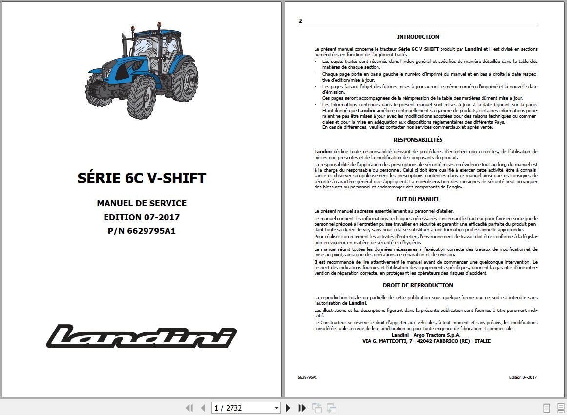 Landini 6-120C 6-130C 6-140C V-SHIFT Tractor Service Manual 6629795A1 FR PDF