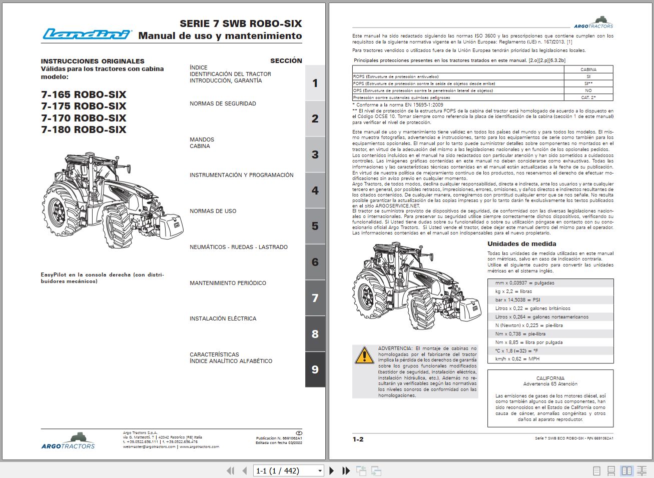 Landini 7-165 to 7-180 SWB ROBO-SIX Operation Maintenance Manual 6691062A1 ES PDF