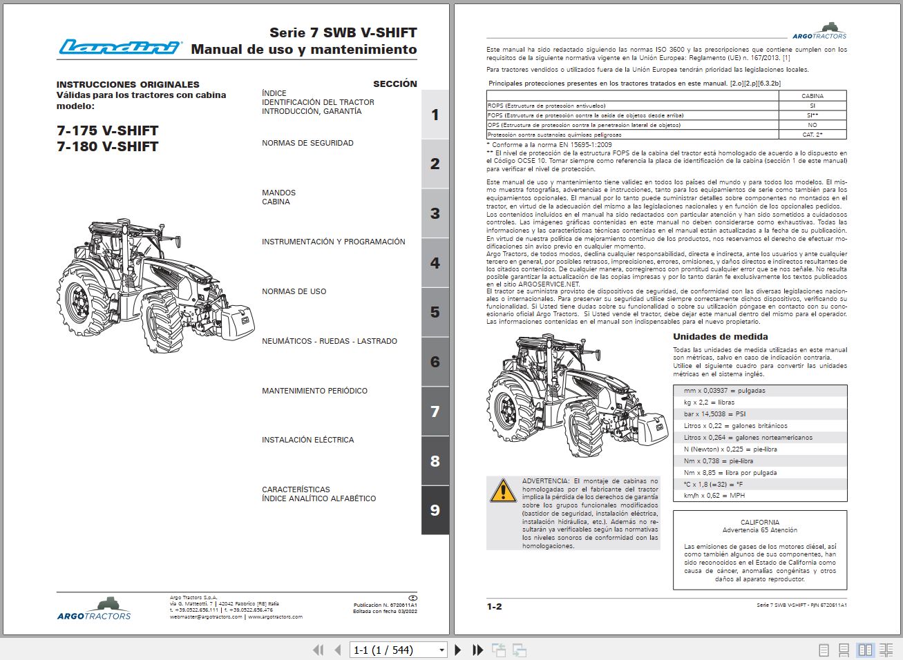 Landini 7-175 to 7-180 SWB V-SHIFT Operation Maintenance Manual 6720611A1 ES PDF