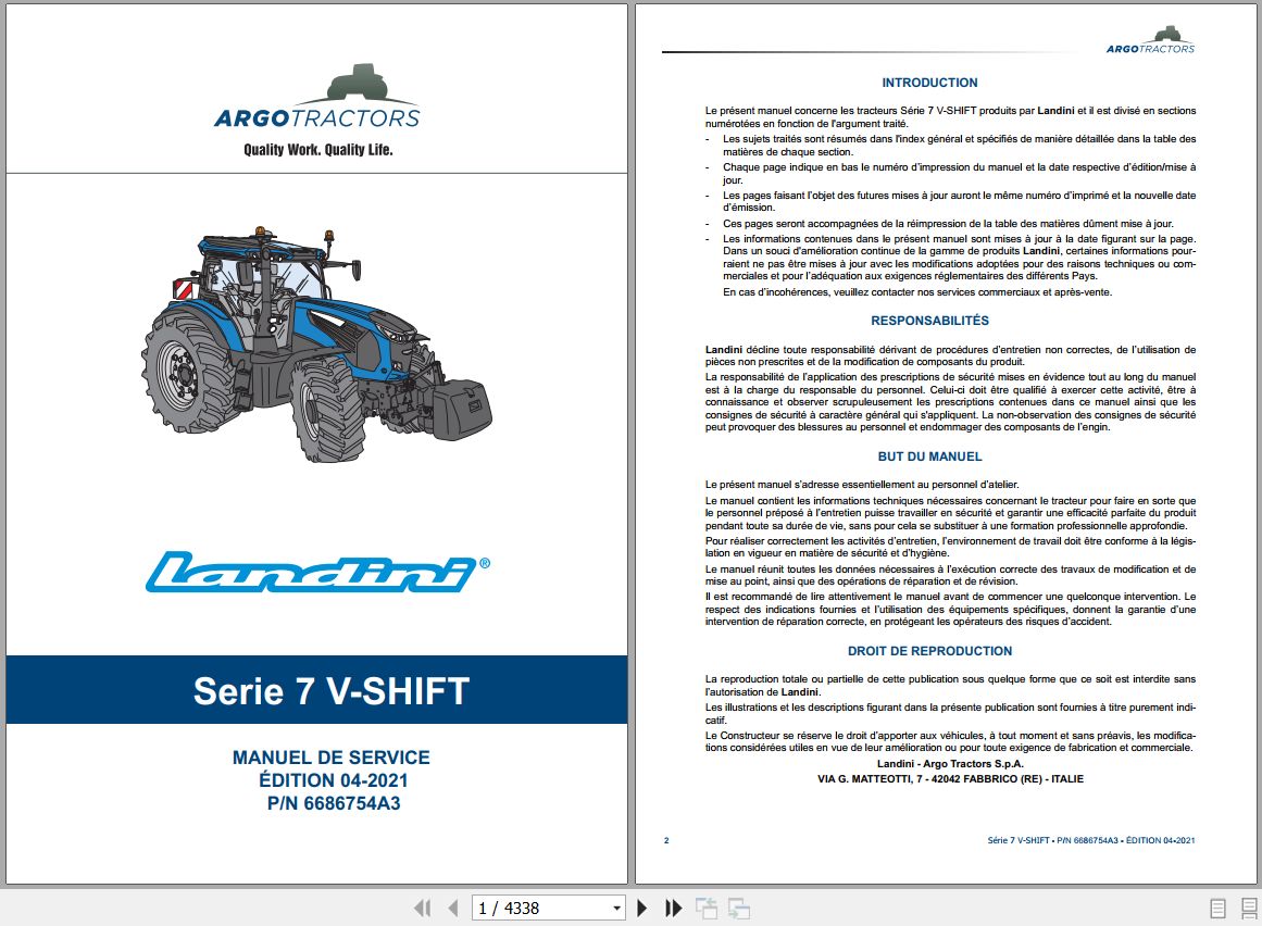 Landini 7-210 7-230 7-240 V-SHIFT Tractor Service Manual 6686754A3 FR PDF
