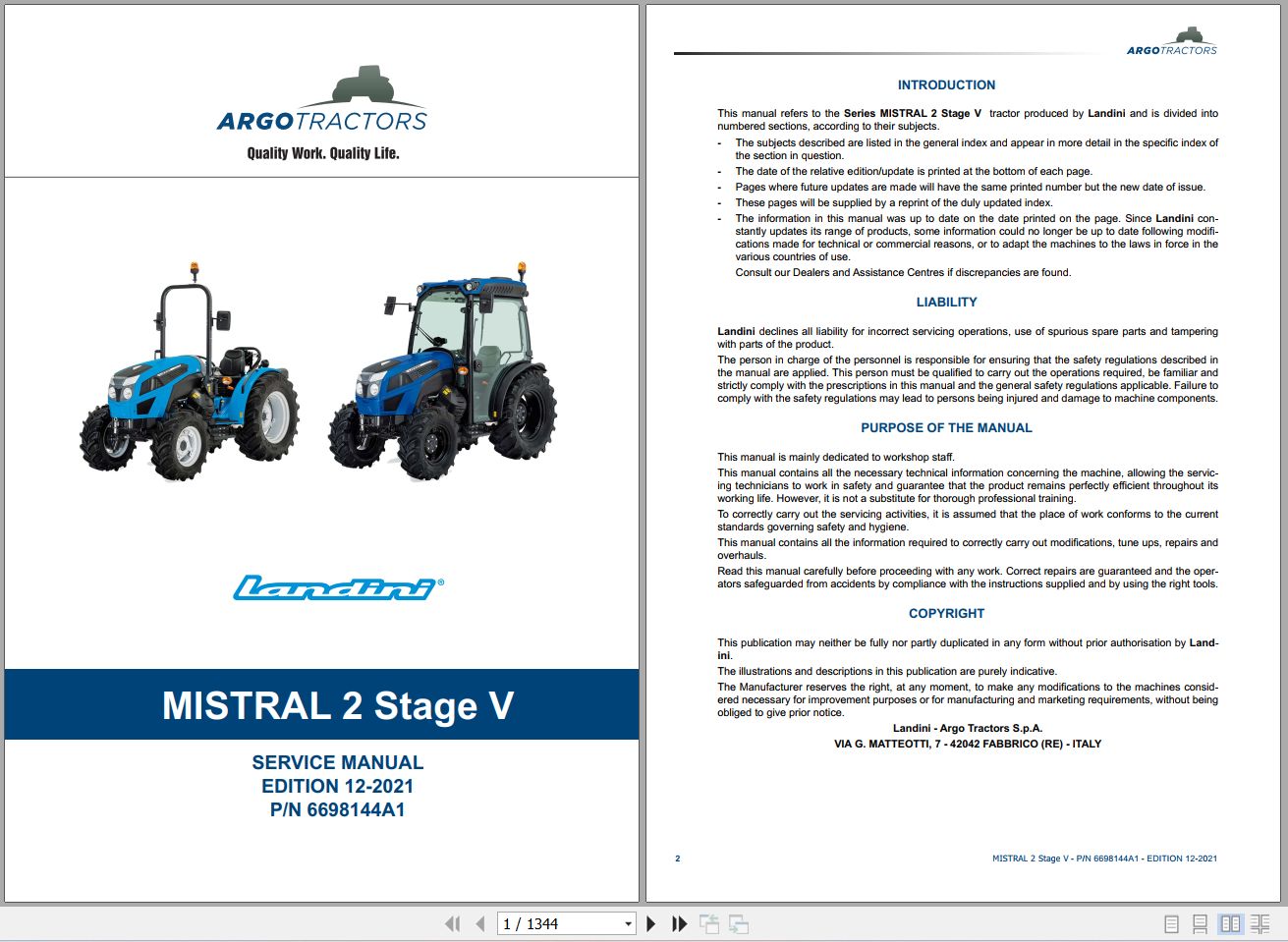 Landini MISTRAL 2-055 MISTRAL 2-060 Tractor Service Manual 6698144A1 PDF