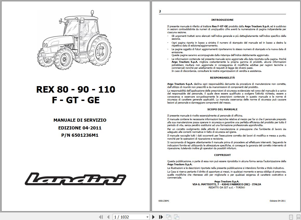 Landini REX 80F to 110GE Tractor Service Manual 6501236M1 IT PDF