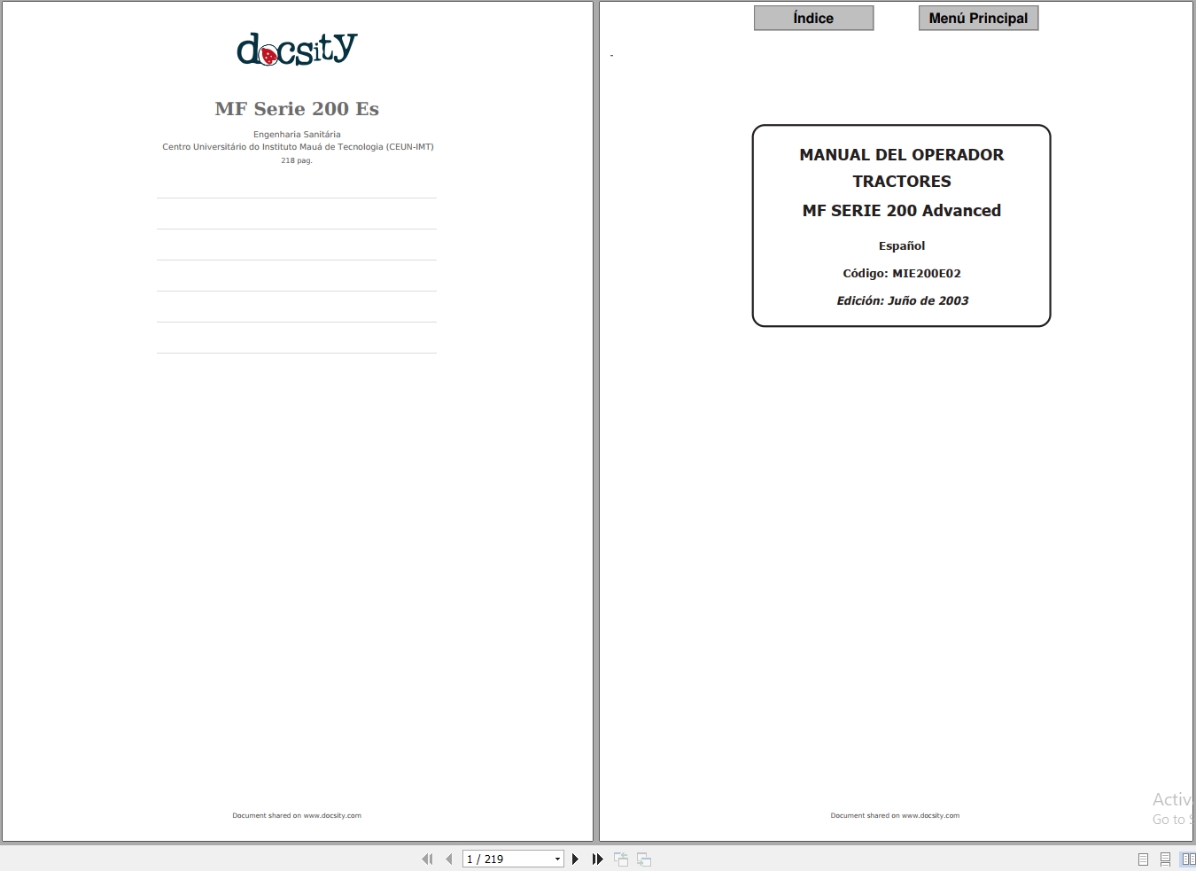 Massey Ferguson MF 200 Series Tractor Operation Manual MIE200E02 PDF