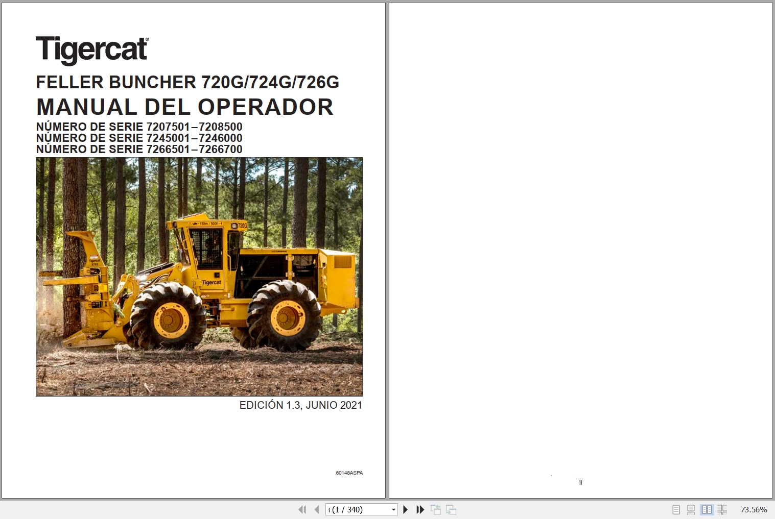 Tigercat 720G 724G 726G Feller Buncher Operation Manual 60148ASPA ES PDF