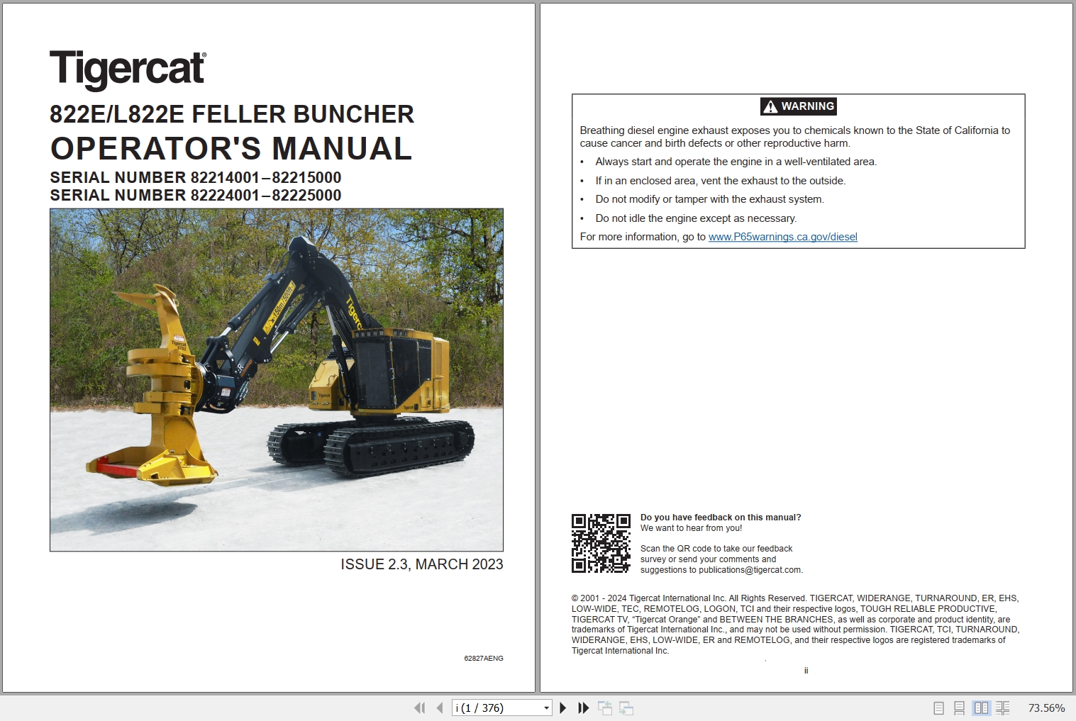 Tigercat 822E L822E Feller Buncher Operation Manual 62827AENG PDF